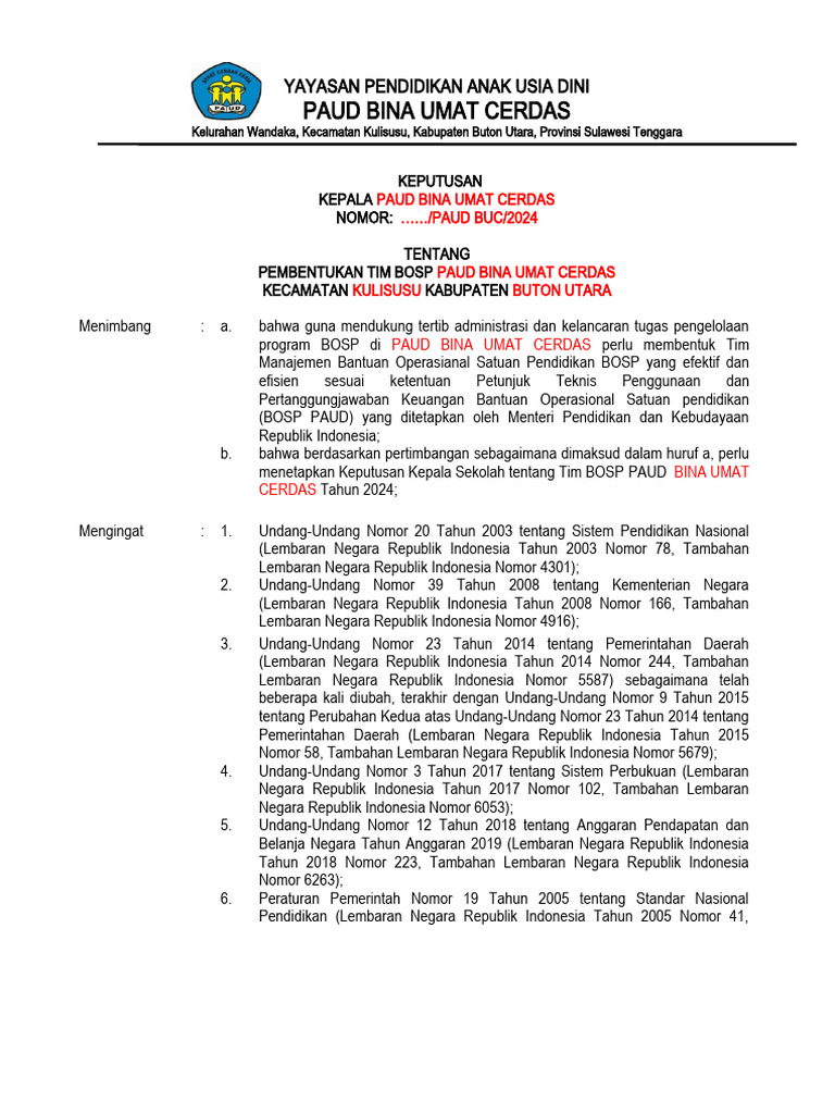 contoh SK Tim BOSP | PDF