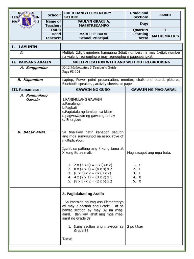 Q2. Math3 Contextualized Lesson Plan | PDF