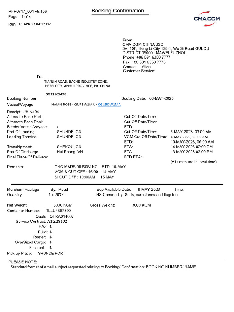 Booking | PDF | Bill Of Lading | Cargo