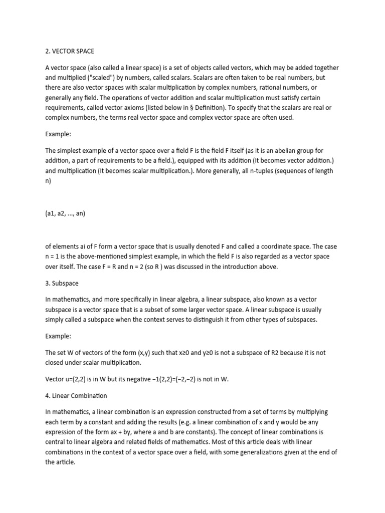 Vector Space Pdf Vector Space Linear Subspace
