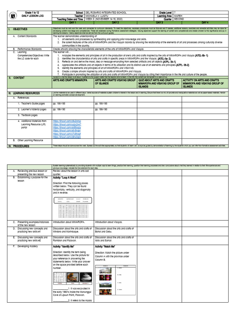 Grade 7 MAPEH Lesson Plan: MIMAROPA & Visayas | PDF | Learning | Teachers