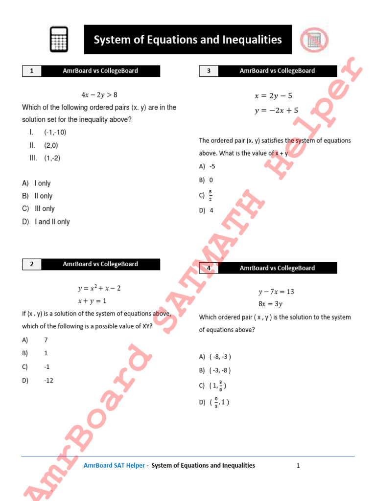 SAT Systems of Equations & Inequalities | PDF | Equations | Inequality ...