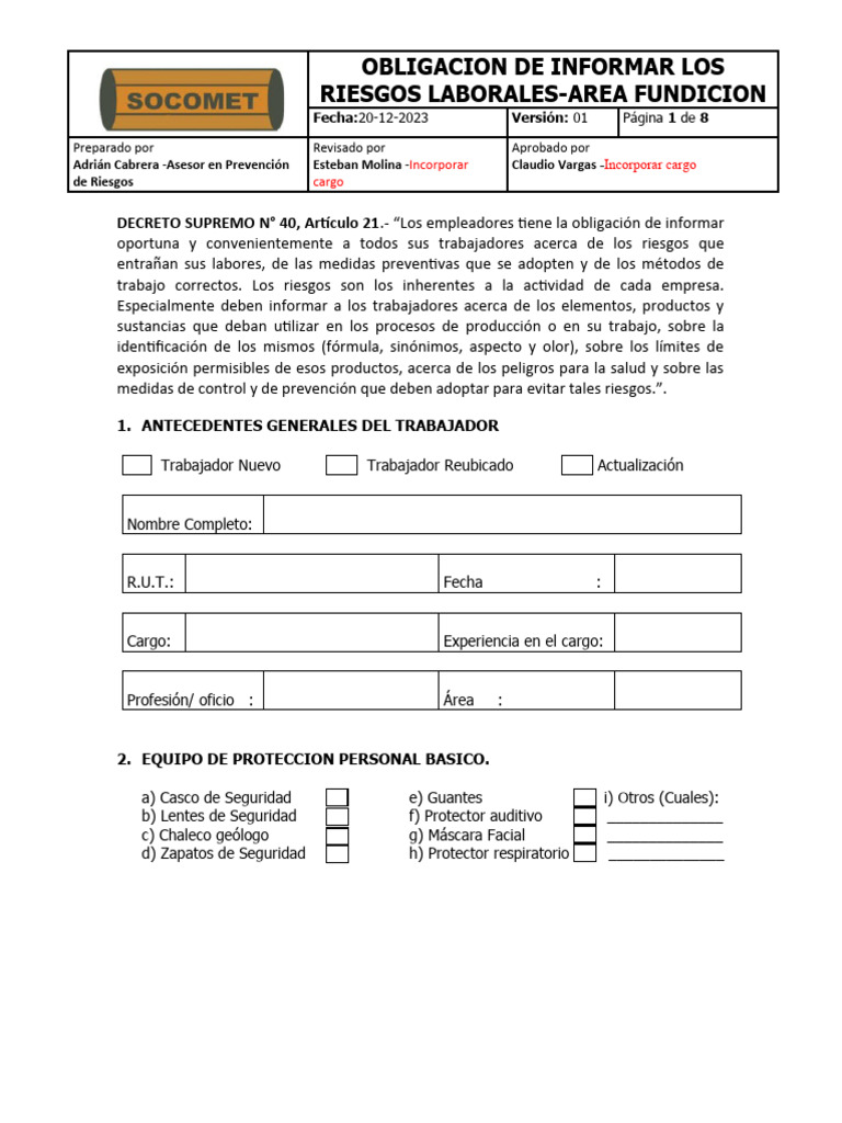 RE-Obligacion de Informar Riesgos Laborales ODI FUNDICION | PDF | Contaminación | Aluminio