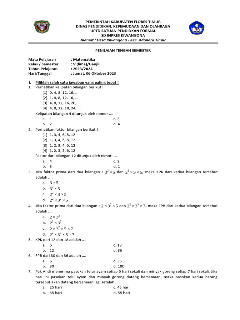 Matematika - Soal PTS Ganjil 2023-2024 | PDF