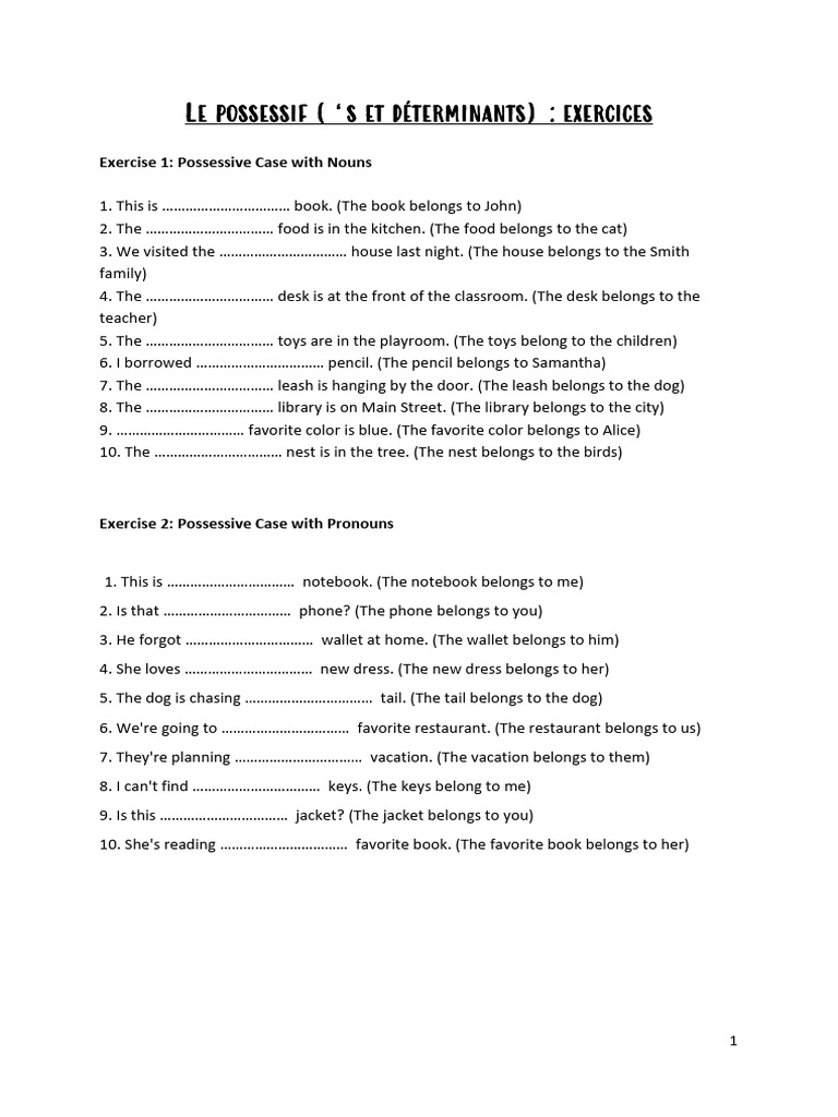 Le Possessif ( S Et Déterminants) Exercices | PDF | Language Mechanics ...