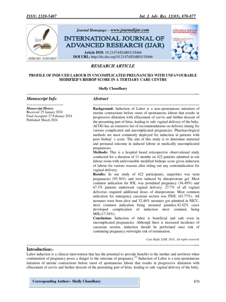 Profile of Induced Labour in Uncomplicated Pregnancies With ...