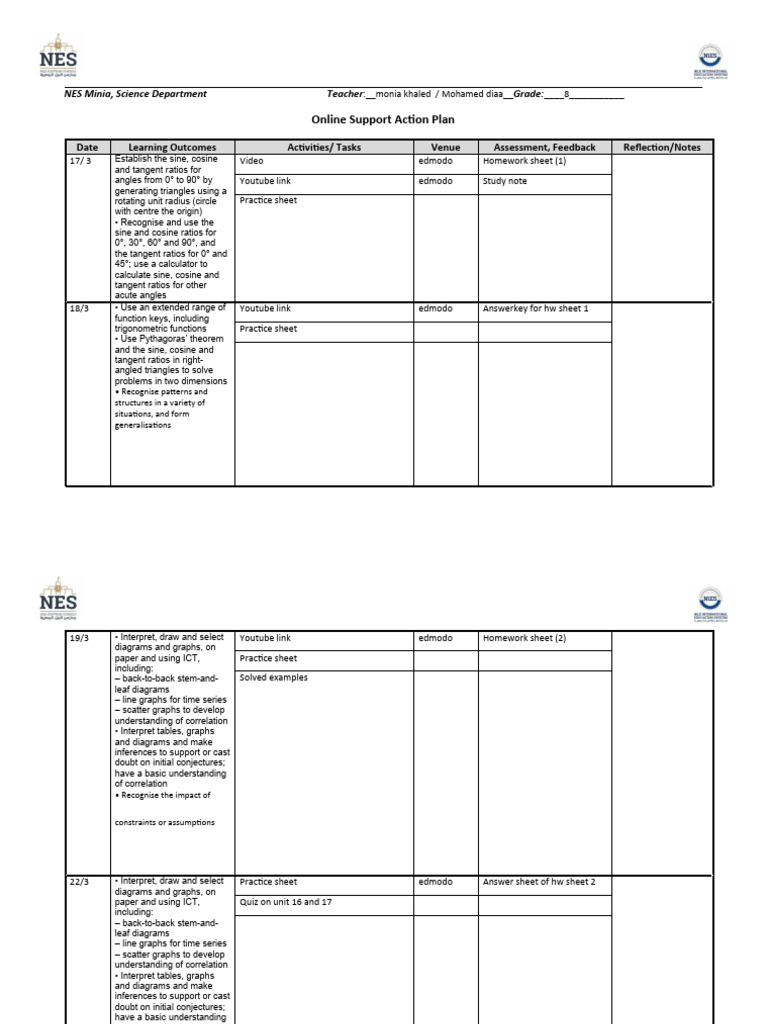 Online Support Action Plan: NES Minia, Science Department Teacher Grade ...
