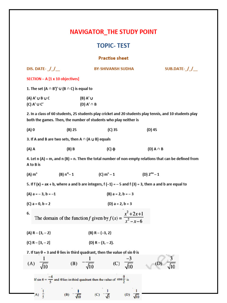 Practise Sheet 1 | Download Free PDF | Mathematical Concepts | Mathematical Objects