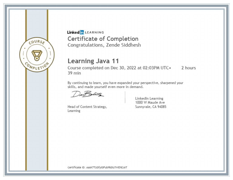 CertificateOfCompletion - Learning Java 11 - Zende - Siddhesh | PDF | Career & Growth