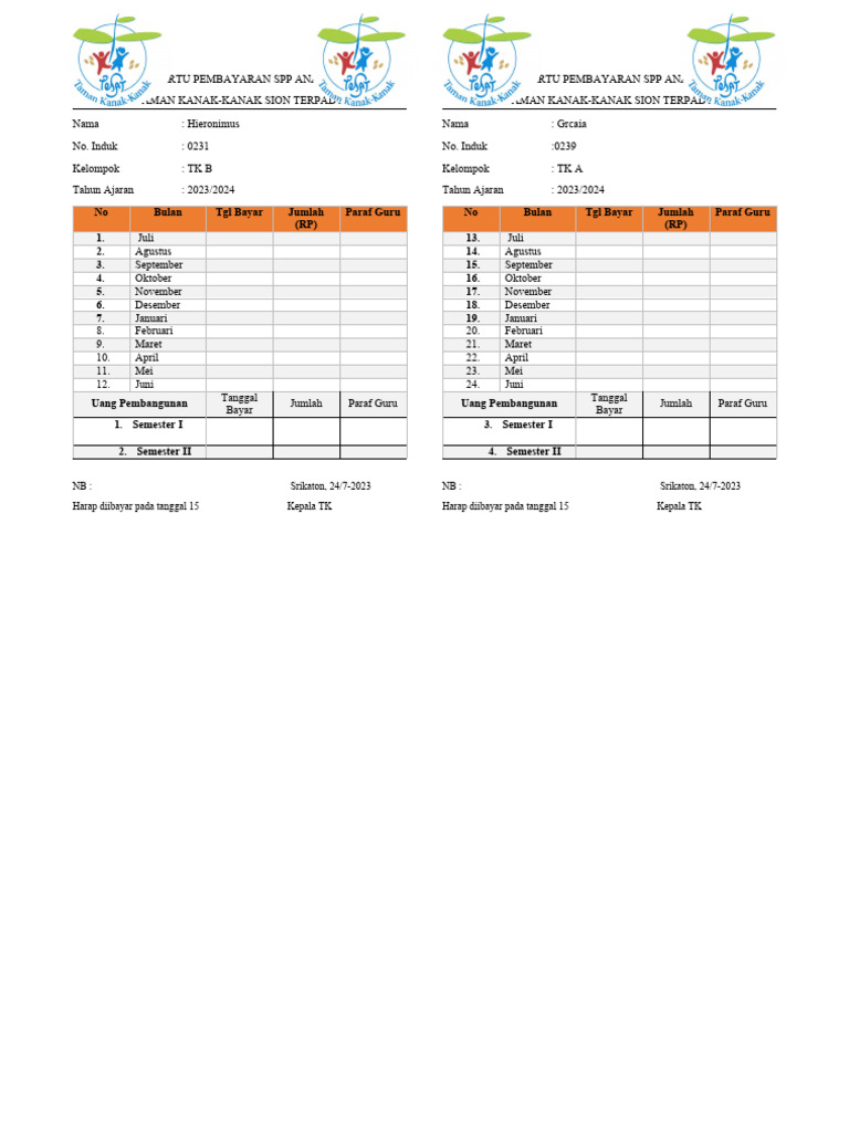 Kartu Pembayaran SPP Anak | PDF