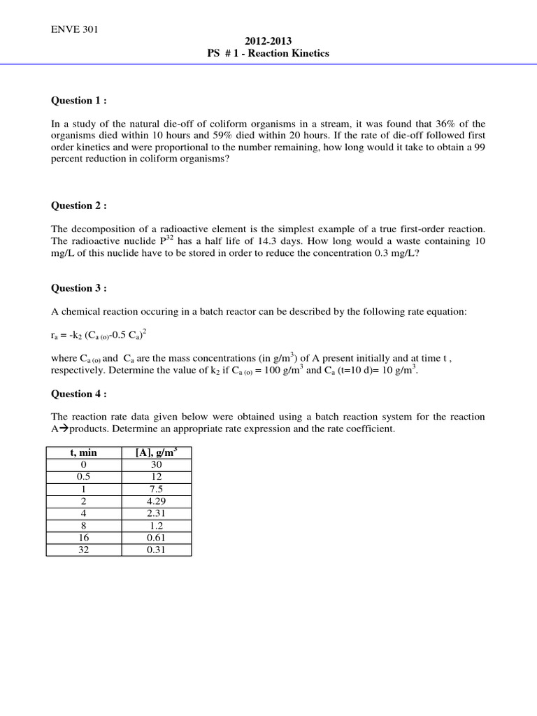 Reaction Kinetics Problem Set | PDF