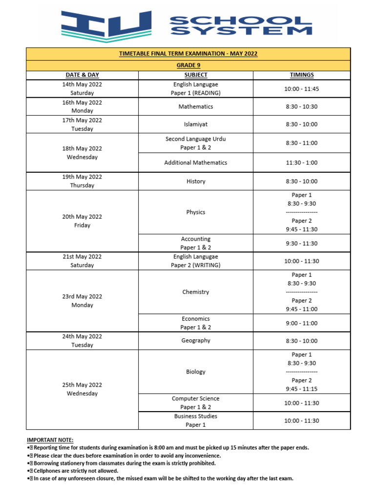 Grade 9 Final Exam Timetable May 2022 | PDF