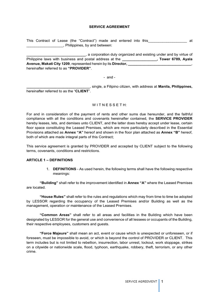 Draft Service Agreement | PDF | Lease | Indemnity