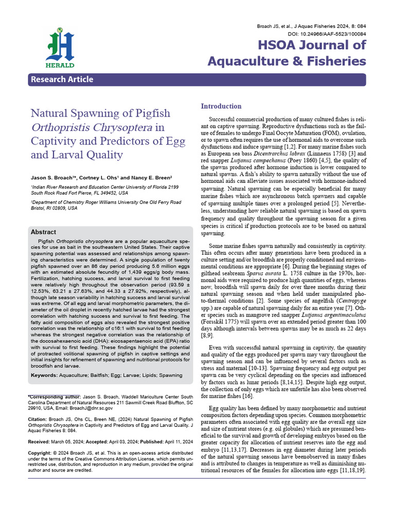 Natural Spawning of Pigfish Orthopristis Chrysoptera in Captivity and Predictors of Egg and ...