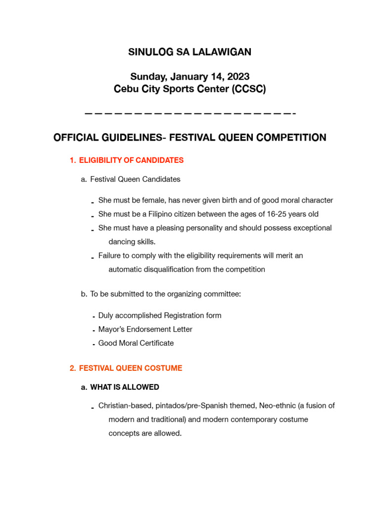 Sinulog Sa Kabataan Sa Lalawigan Guidelines Festival Queen V2 Pdf
