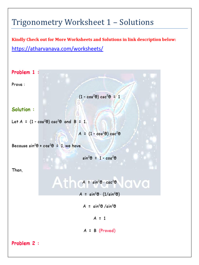 Trigonometry Ws 1 Solutions | PDF | Combinatorics | Geometry