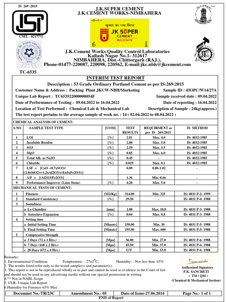 (W 14) JK 53 Opc MTC - 2022 | PDF | Materials | Building Materials