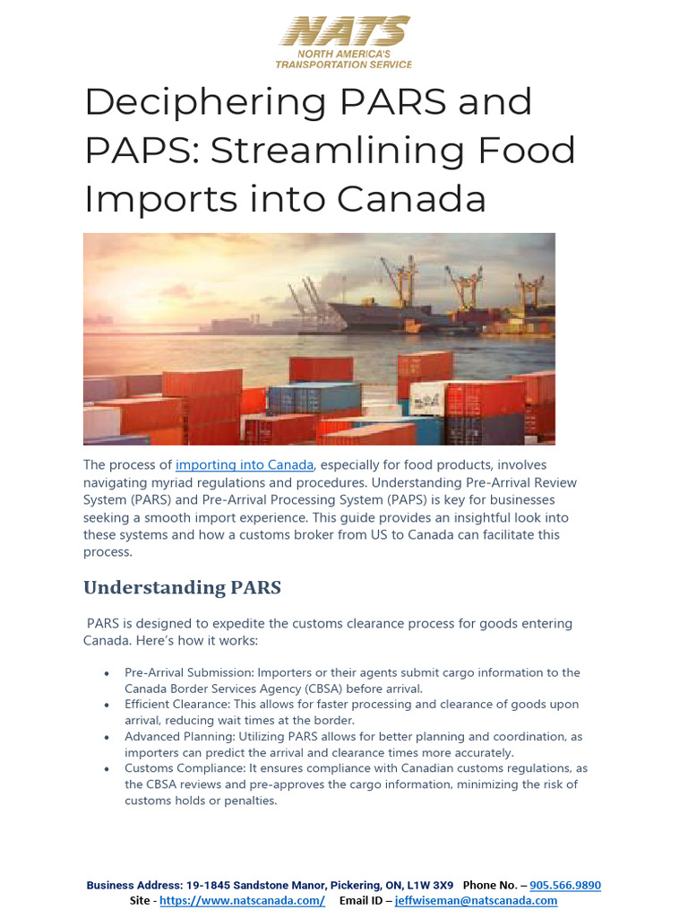 Deciphering PARS and PAPS: Streamlining Food Imports Into Canada | PDF ...