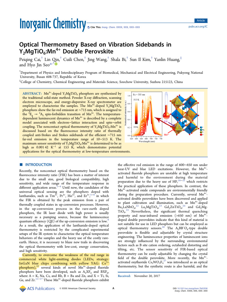 Optical Thermometry Based On Vibration Sidebands in Y Mgtio:Mn Double ...