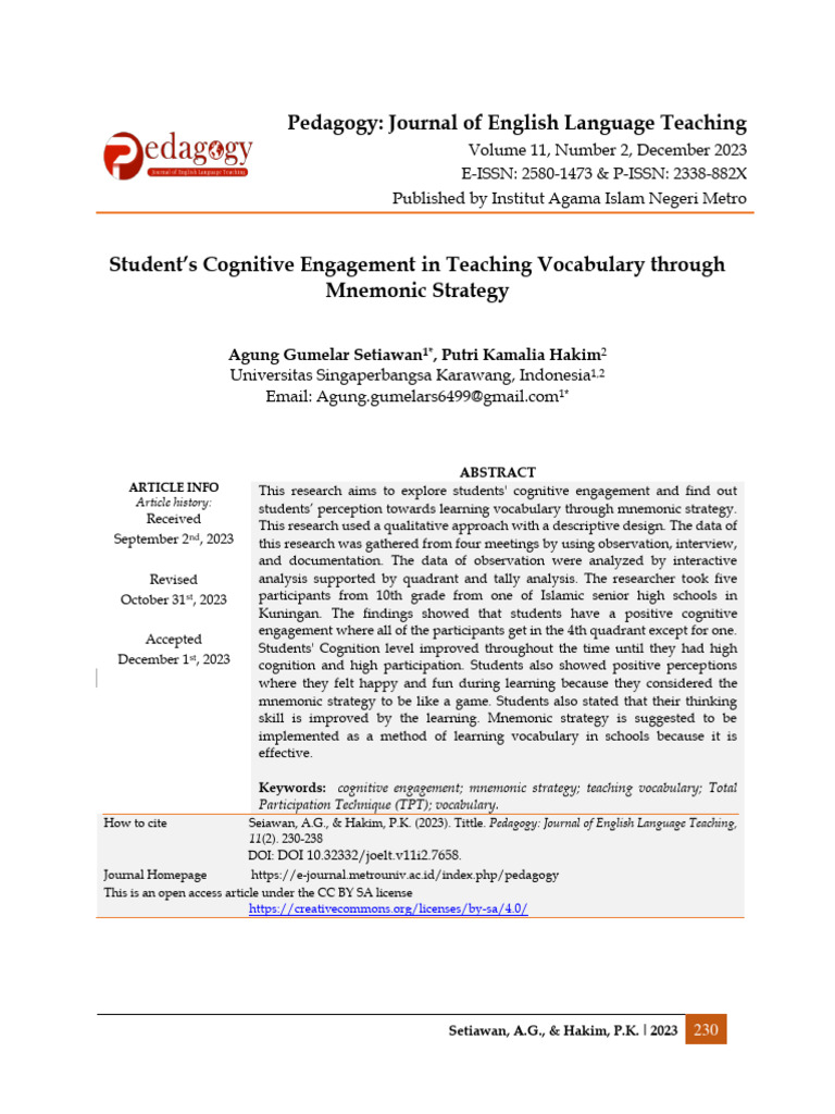 Jurnal Student's Cognitive Engagement in Teaching Vocabulary Through ...