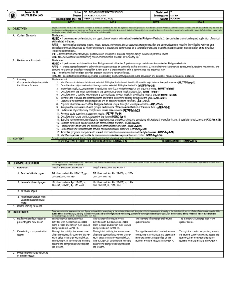 Grade 7 MAPEH Weekly Lesson Plan | PDF | Learning | Teachers