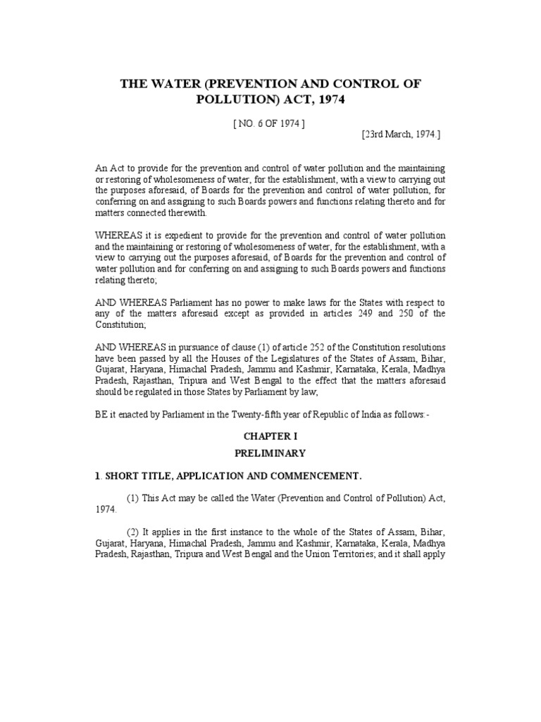 The Water (Prevention and Control of Pollution) Act, 1974: Preliminary ...