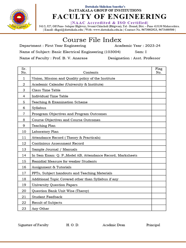 Faculty of Engineering: Course File Index | PDF | Electrical Network | Engineering