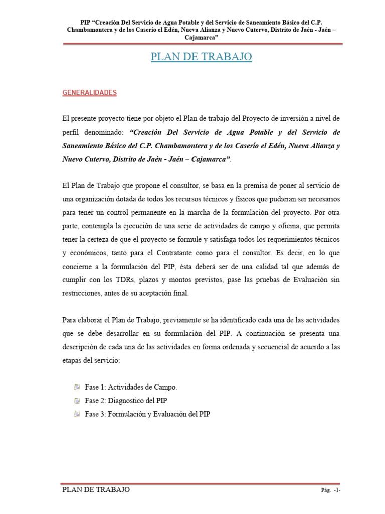 Plan de Trabajo Proceso Chambamontera | PDF | Agua | Ingeniería Ambiental