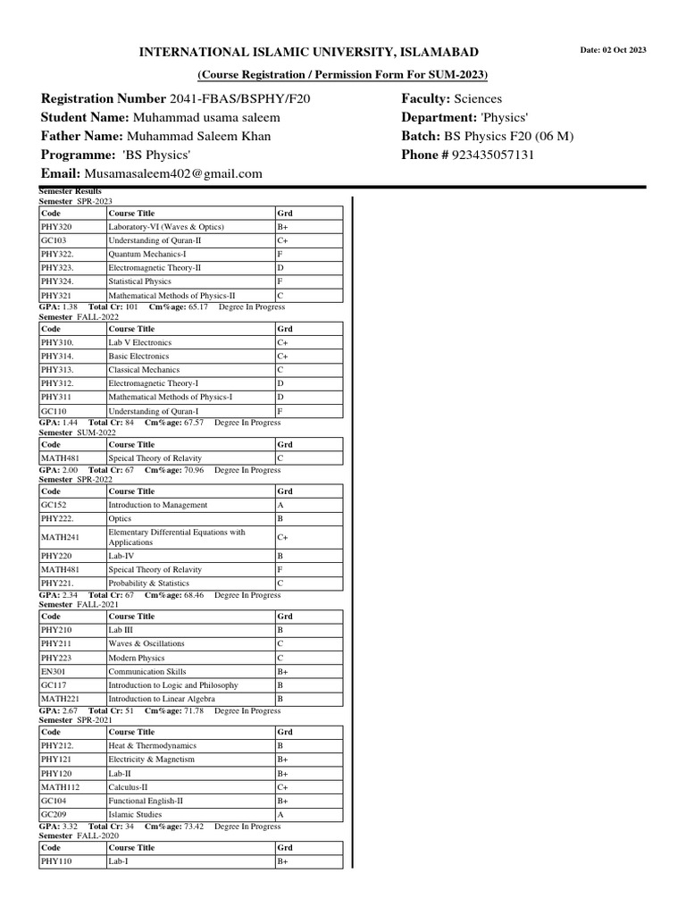 International Islamic University, Islamabad: (Course Registration ...