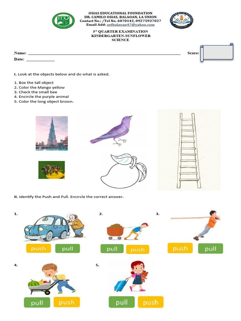 3rd Qter Exam Kinder | PDF