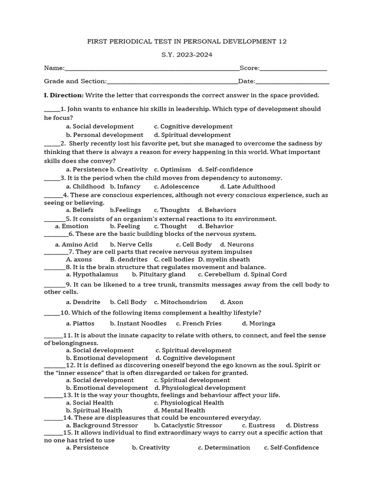 Personal Development First Quarter Exam | PDF | Nervous System | Axon