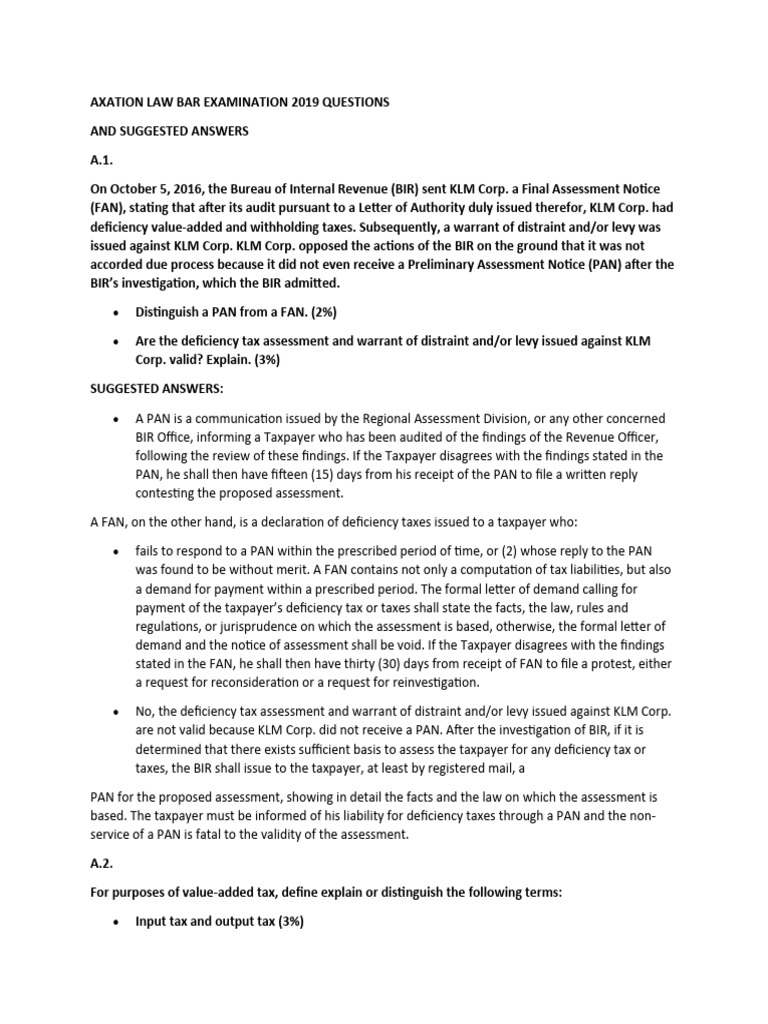 Axation Law Bar Examination 2019 Questions | PDF | Value Added Tax | Taxes