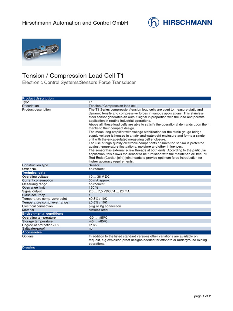 Tension / Compression Load Cell T1: Hirschmann Automation and Control ...