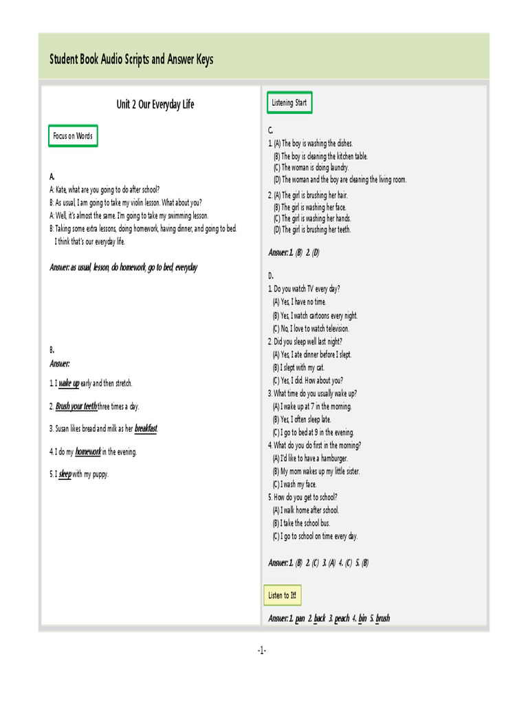 Listening Cue - LV1 - SB - AK - Unit 02 | PDF