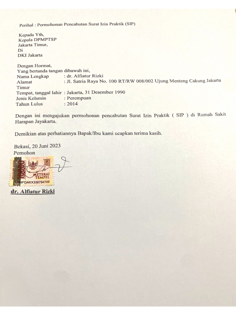 Surat Permohonan Pencabutan Sip Alfiatur | PDF