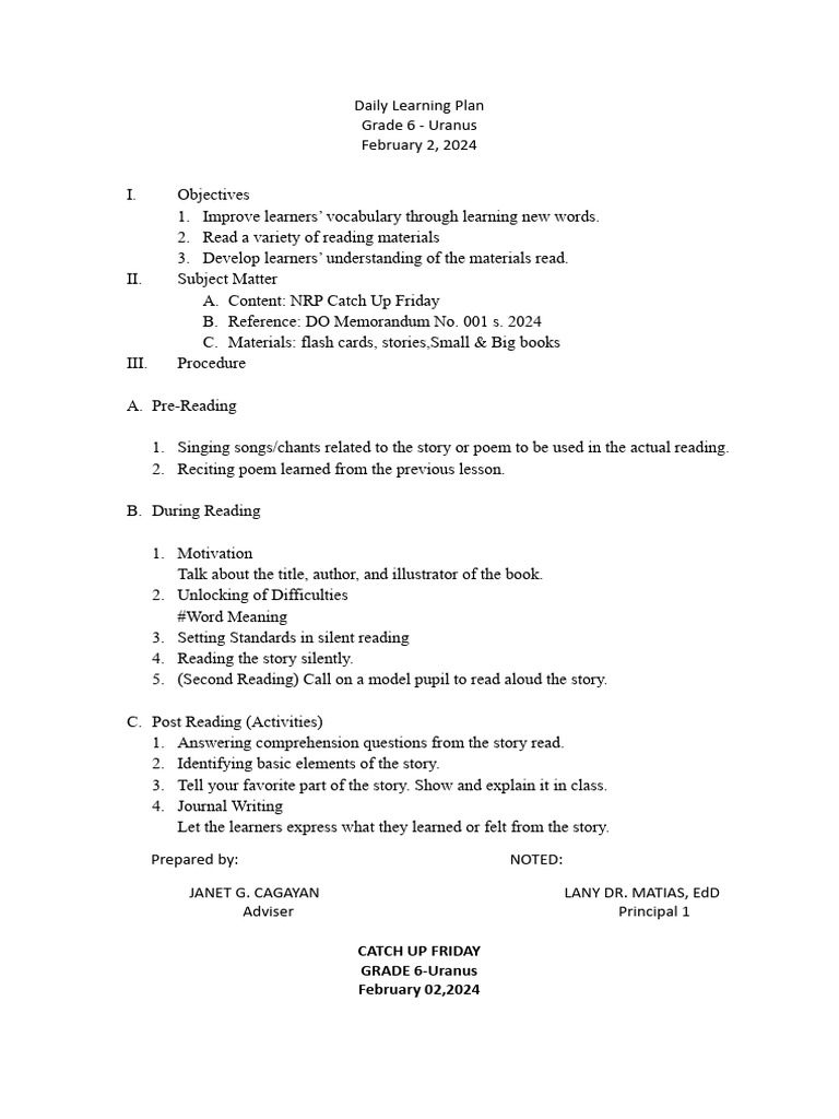 Daily Learning Plan GRADE 6 | Download Free PDF | Learning | Cognitive Psychology