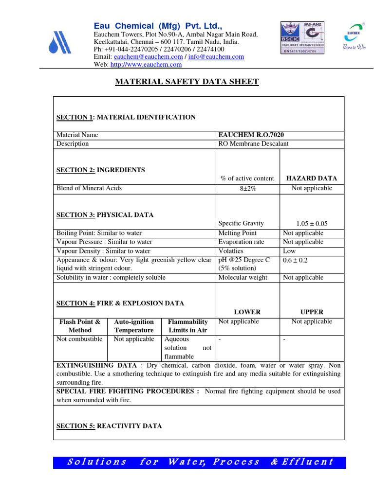 MSDS - R.o.7020 | PDF | Water | Fires