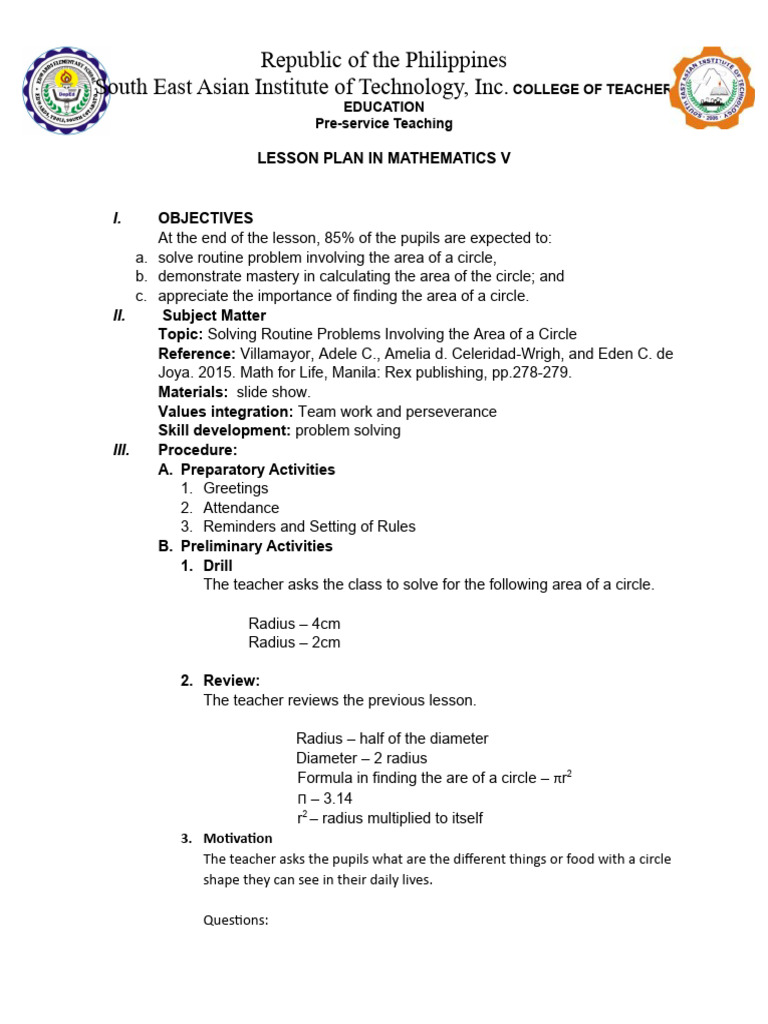 02 Lesson Plan in Mathematics V | PDF | Area | Teachers