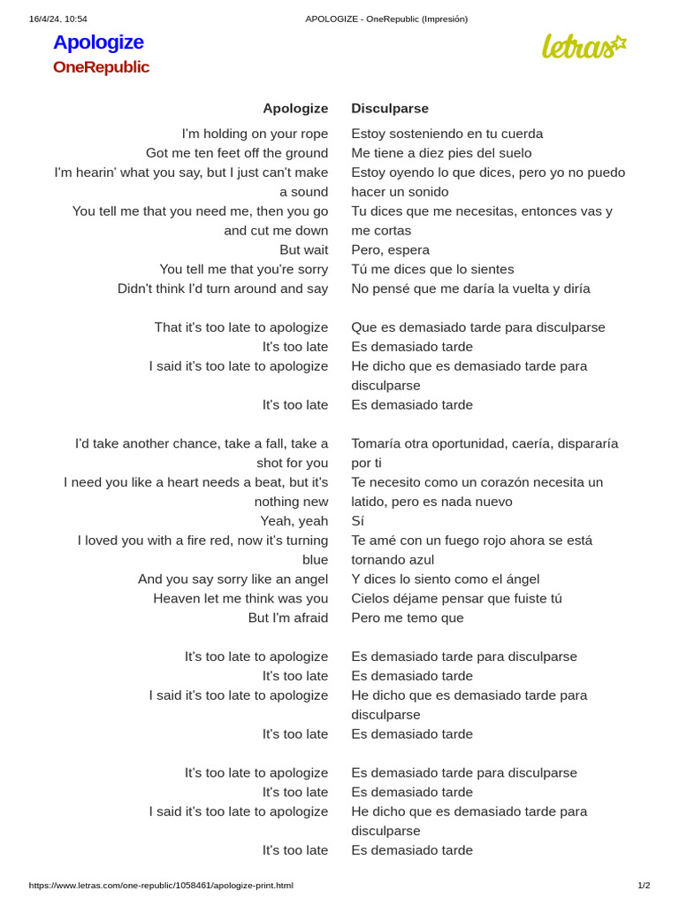 APOLOGIZE - OneRepublic (Impresión) | PDF | Grabación de sonido | Música grabada
