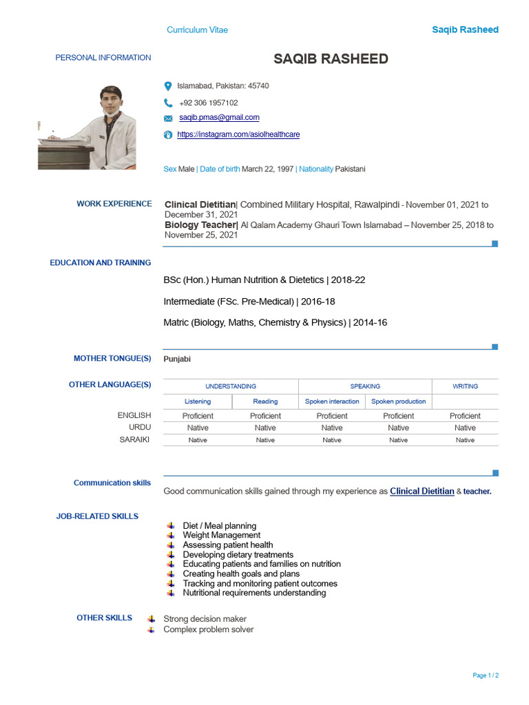 Saqib Resume Dietitian-2 | PDF | Dietitian