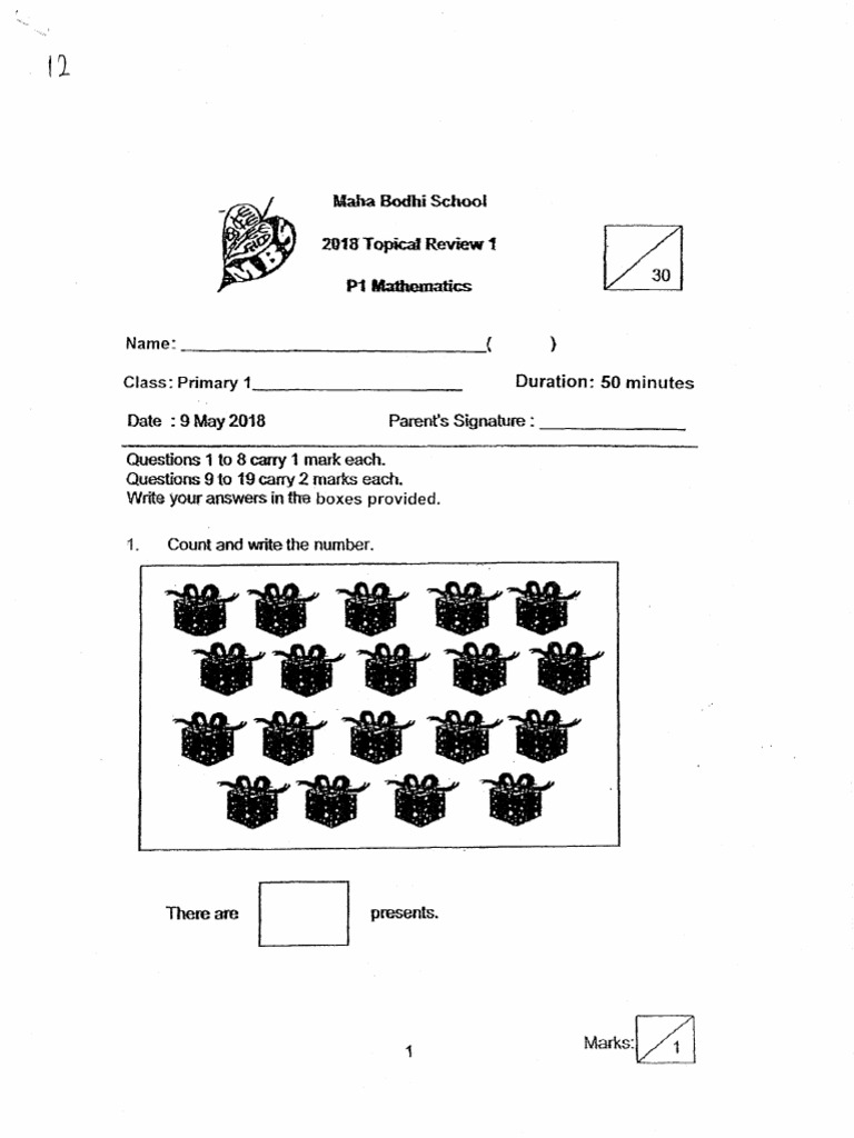 P1 Maths 2018 Maha Bodhi Test1 Papers | PDF