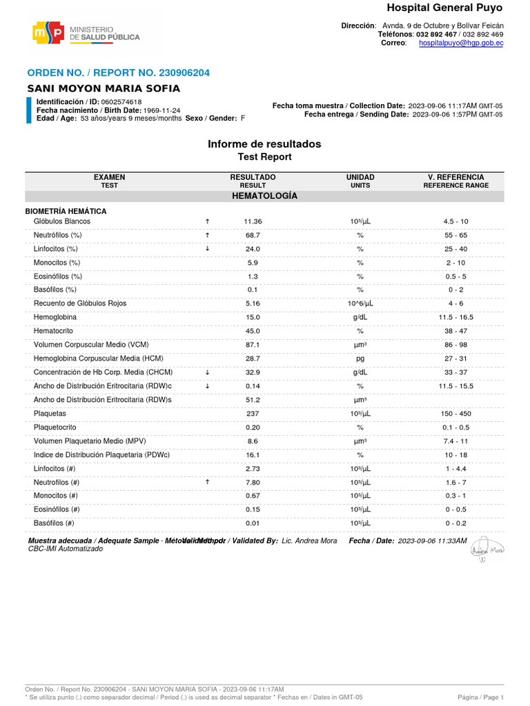 Resultados de Exámenes de Sani Moyon | PDF | Hematología | Medicina CLINICA