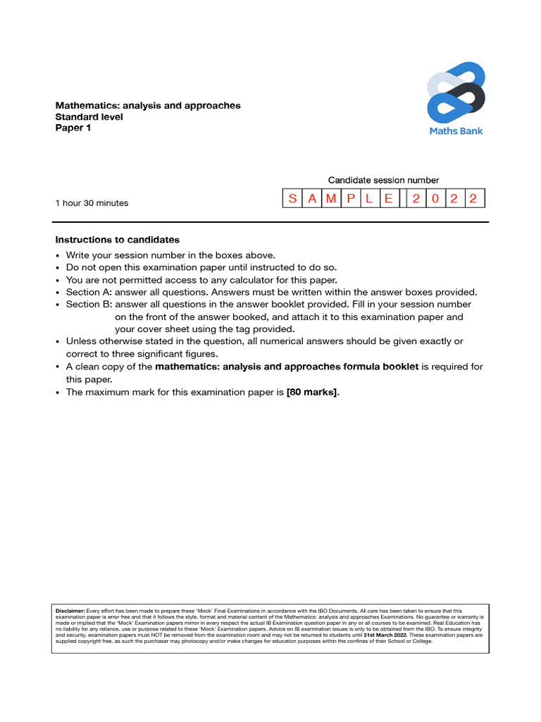 2022 IB AA SL SAMPLE Paper 1 | PDF | Angle | Function (Mathematics)