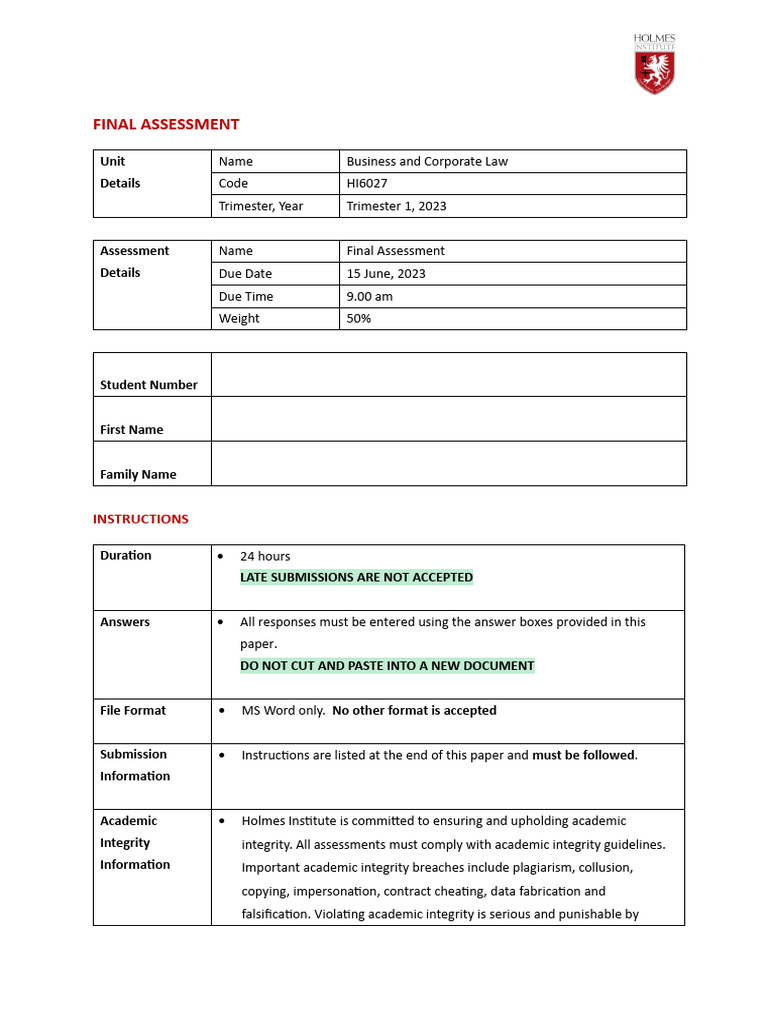 HI6027 Final Assessment T1 2023 | PDF | Computer File | Business Law
