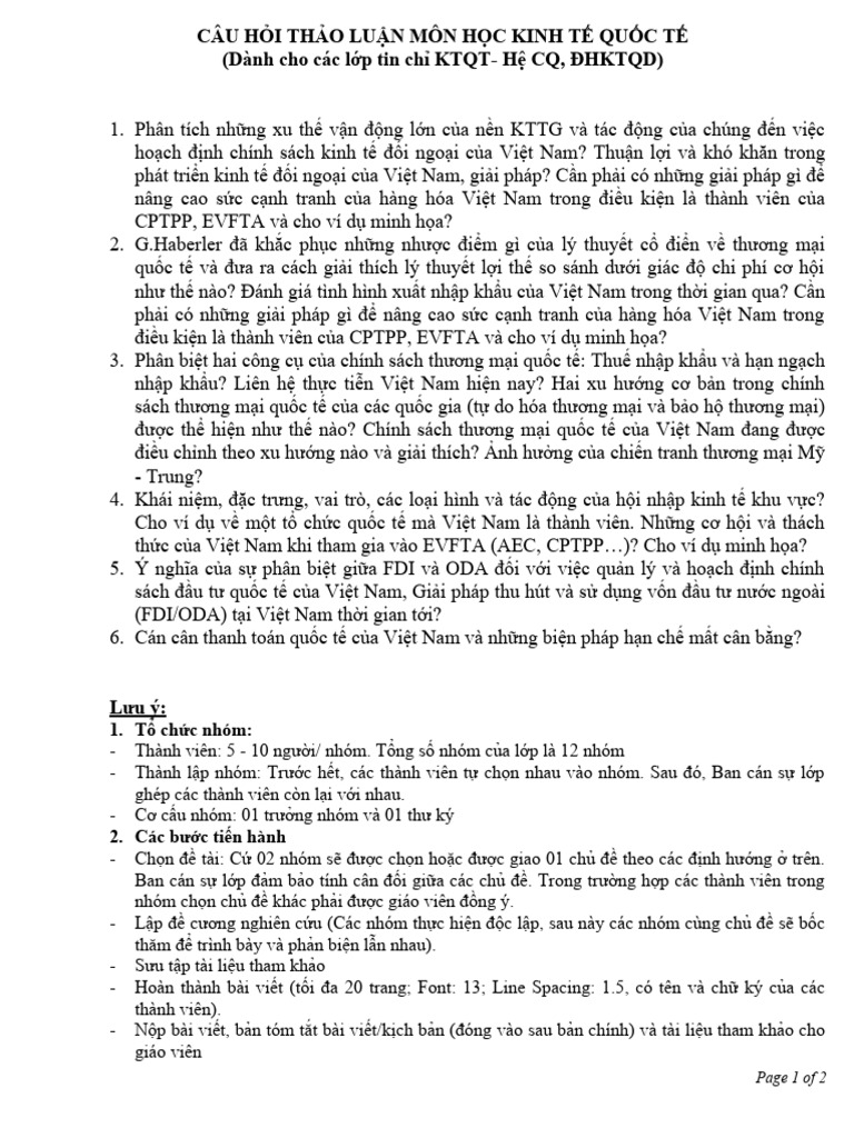 ĐỊNH HƯỚNG CÂU HỎI THẢO LUẬN MÔN HỌC KTQT- CQ | PDF