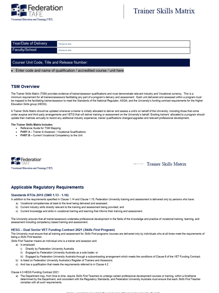 Trainer Skills Matrix WORD - 2021 | PDF | Vocational Education | Teachers