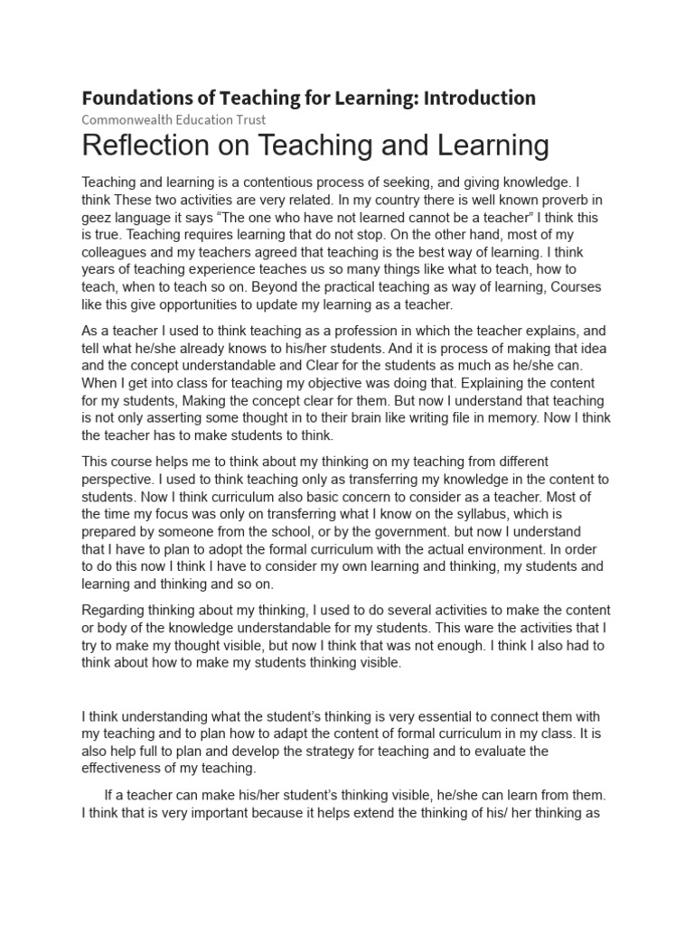 Assignment - Reflection On Teaching and Learning | PDF | Thought | Teachers