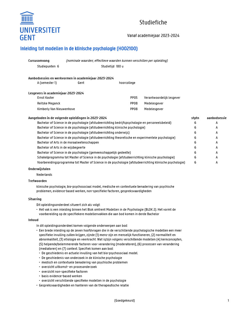 Studiefiche Inleiding Tot de Modellen in de Klinische Psychologie | PDF Studiefiche Inleiding Tot de Modellen in de Klinische Psychologie | PDF