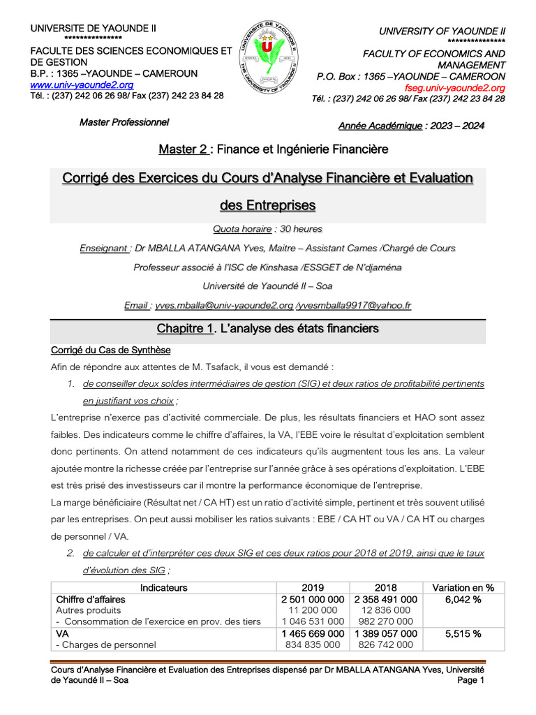 Corrigé Des Travaux Dirigés D'analyse Et Evaluation Des Entreprises - M2 - FIF - 2024 | PDF ...