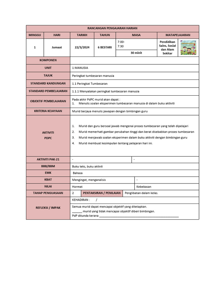 RPH Pssas Tahun 6 | PDF
